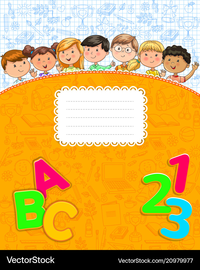 School yellow notebook with cute funny kids Vector Image