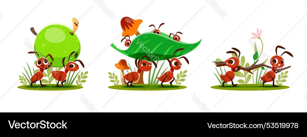 Cartoon ant characters carrying apple stick leaf Vector Image