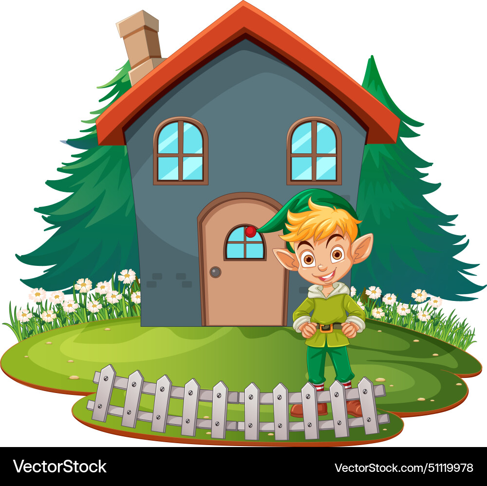 Cheerful elf standing by a whimsical house Vector Image