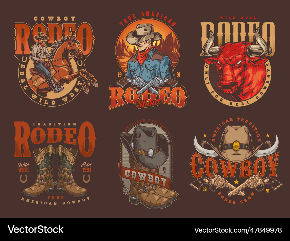 Cowboy rodeo set stickers colorful Royalty Free Vector Image