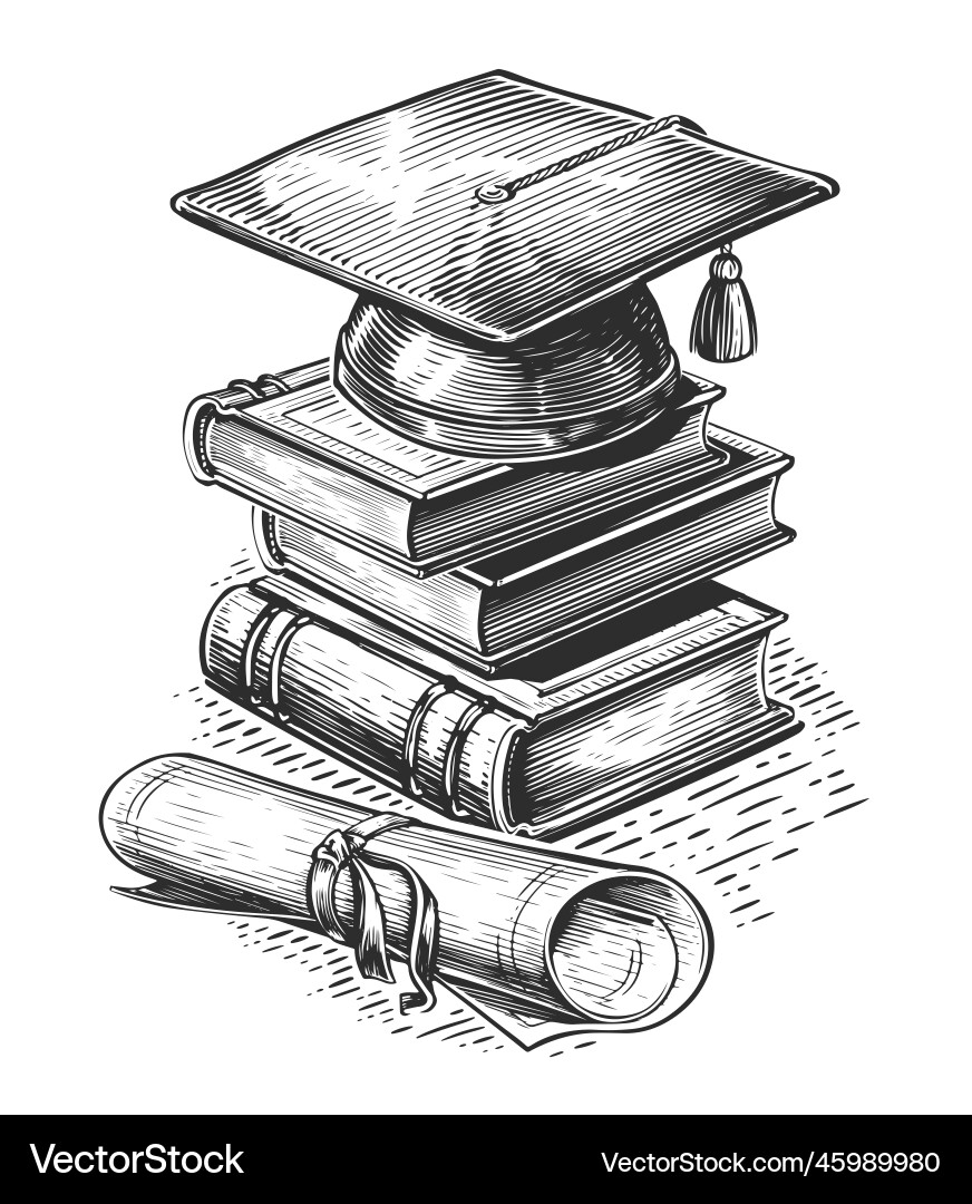 Graduation cap books stack and diploma scroll Vector Image