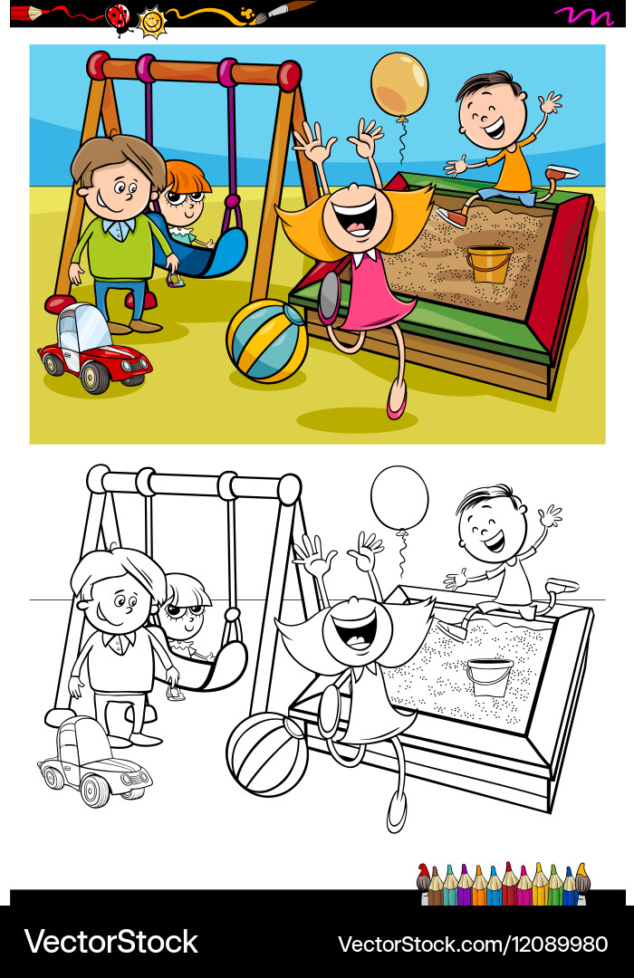 Kids on playground coloring book Royalty Free Vector Image