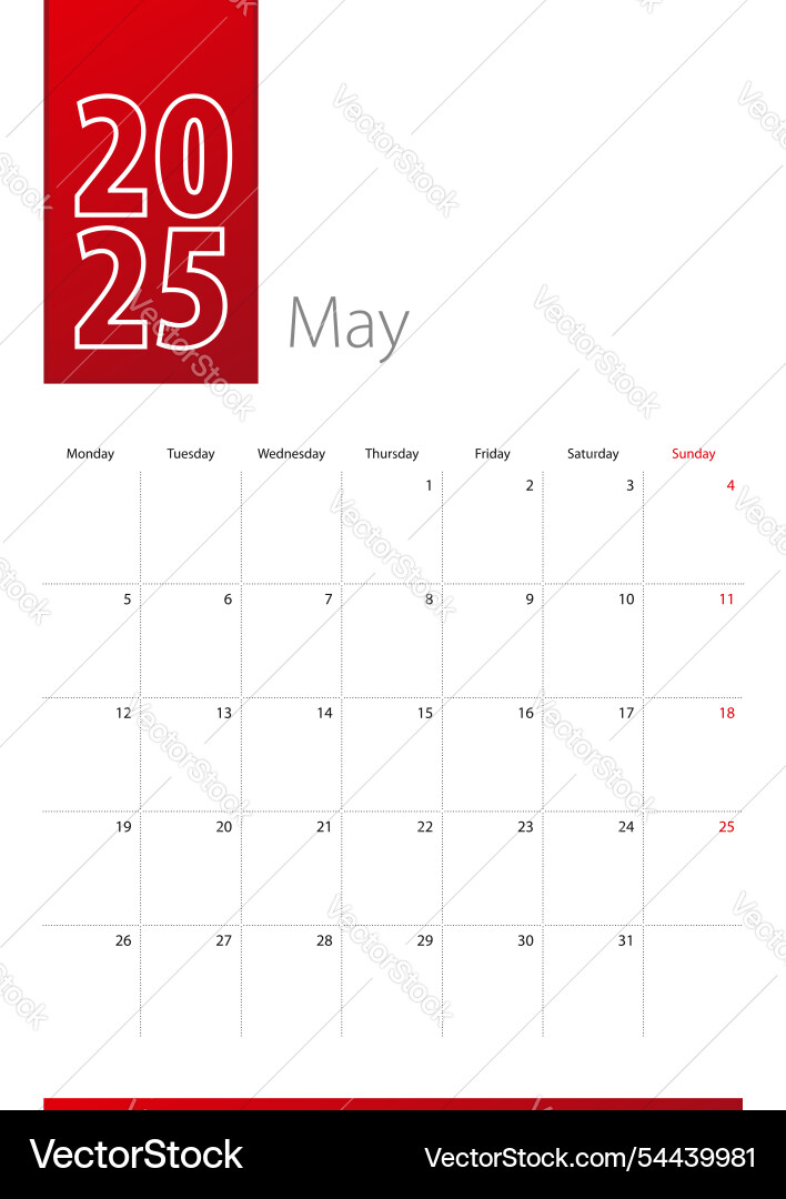 May 2025 calendar design week starts on monday Vector Image