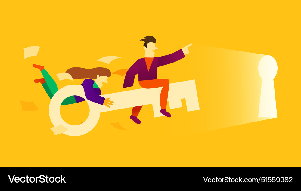 Cartoon characters fly on key into the keyhole Vector Image