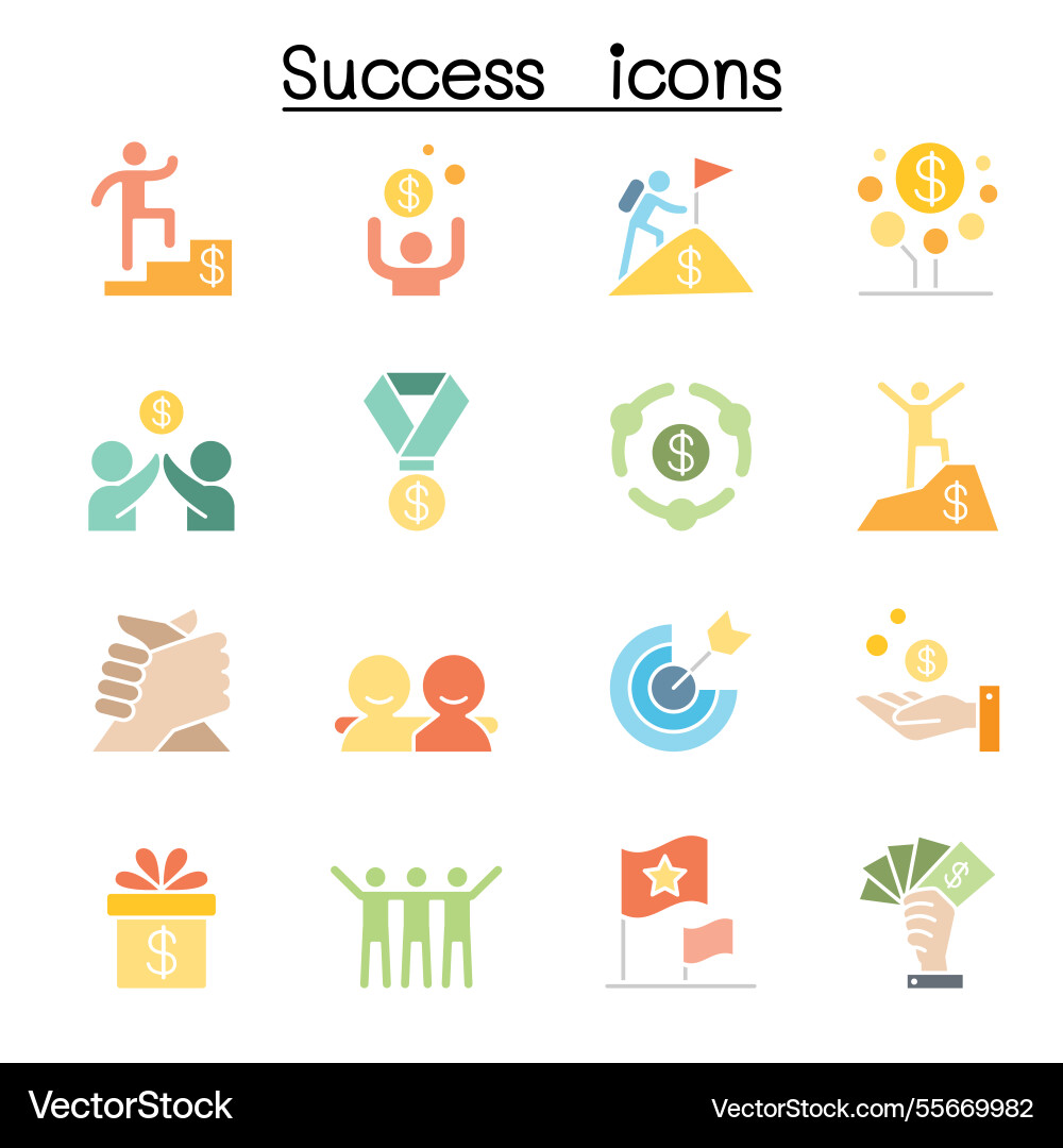 Success icon set in flat color style Royalty Free Vector