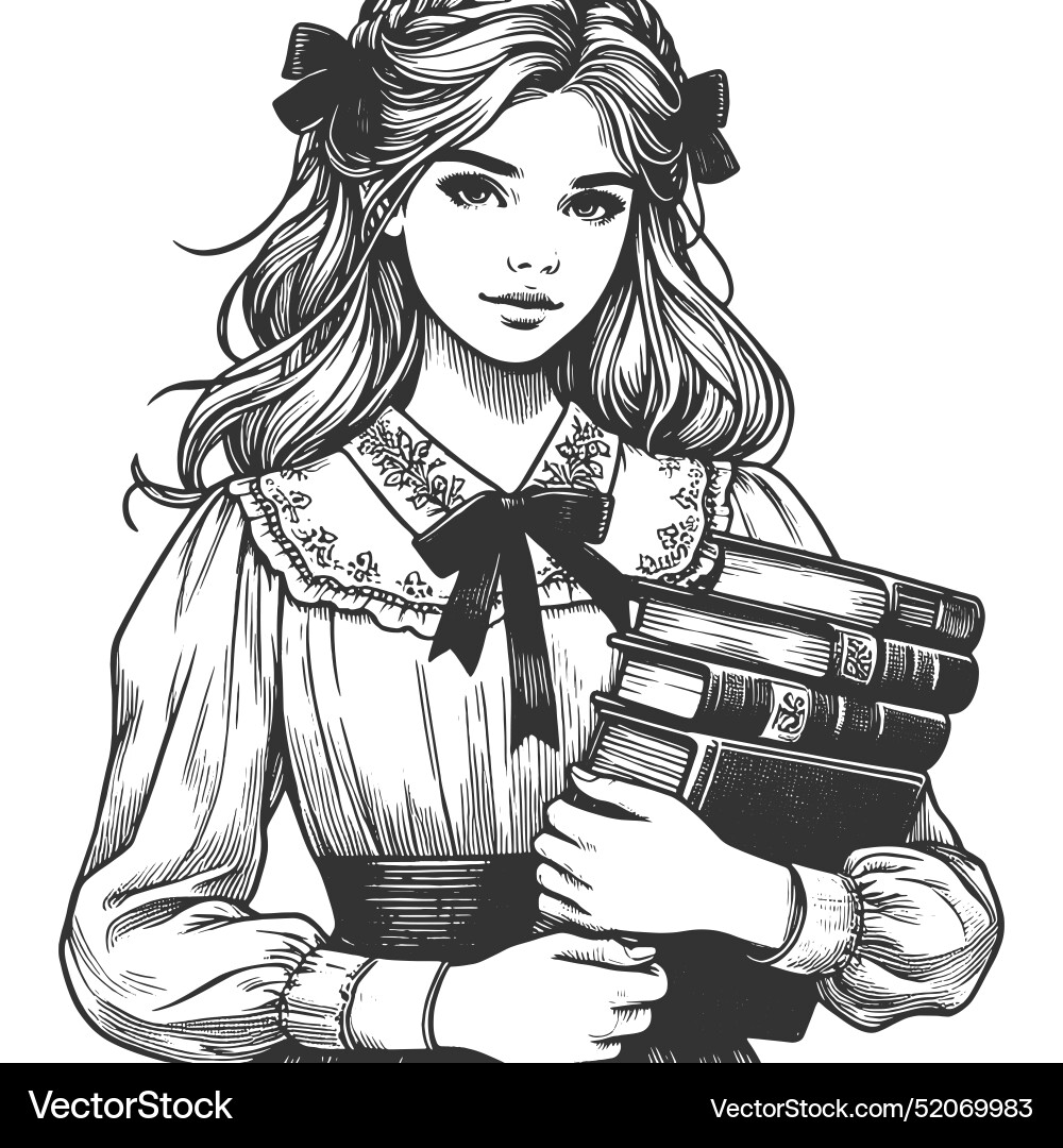 Girl holding books engraving Royalty Free Vector Image