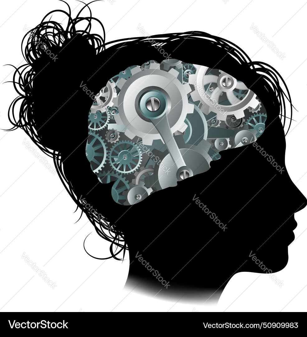 Machine workings gears cogs brain woman concept Vector Image