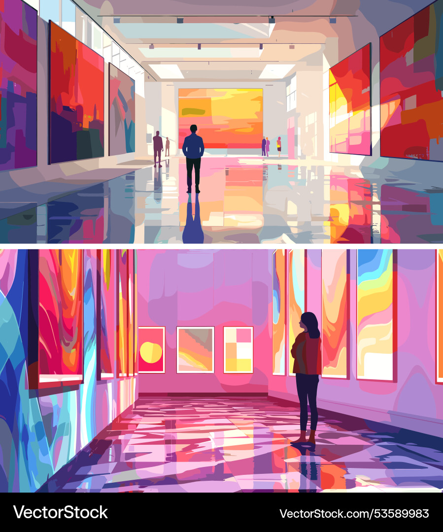 Modern art gallery cartoon scenes Royalty Free Vector Image