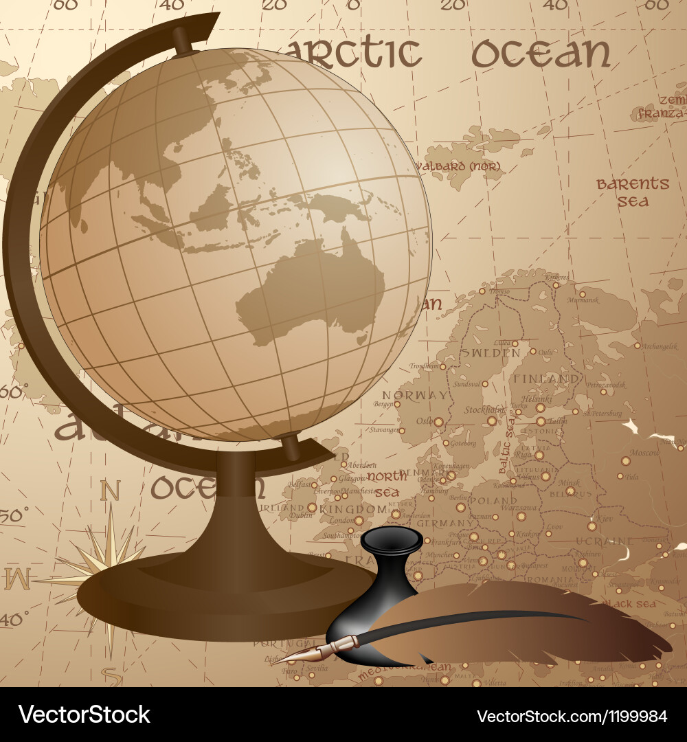 Geographic vintage background with globe feather Vector Image