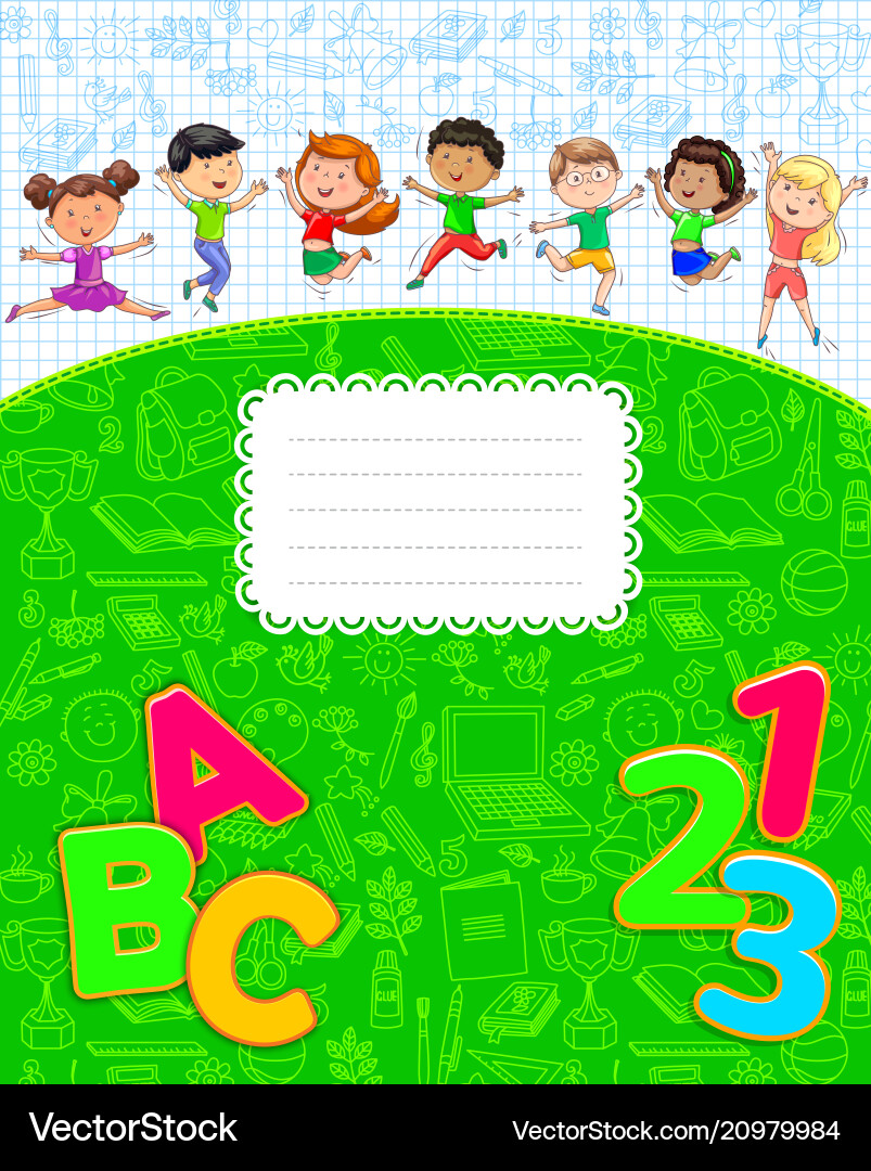 School notebook with cute funny kids jumping Vector Image