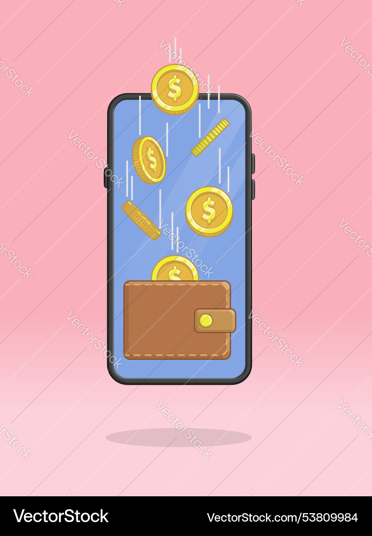 Smartphone coin falling above digital wallet Vector Image