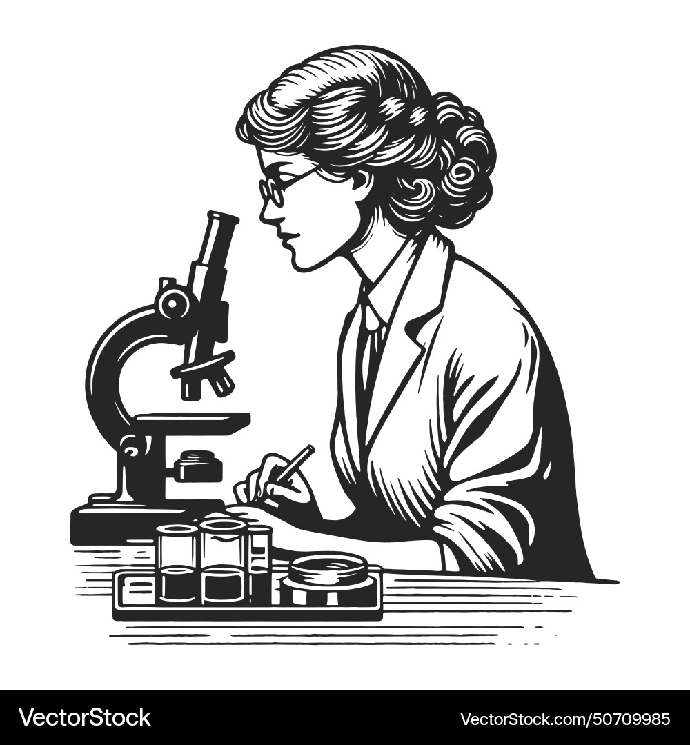 Scientist woman using microscope sketch Royalty Free Vector