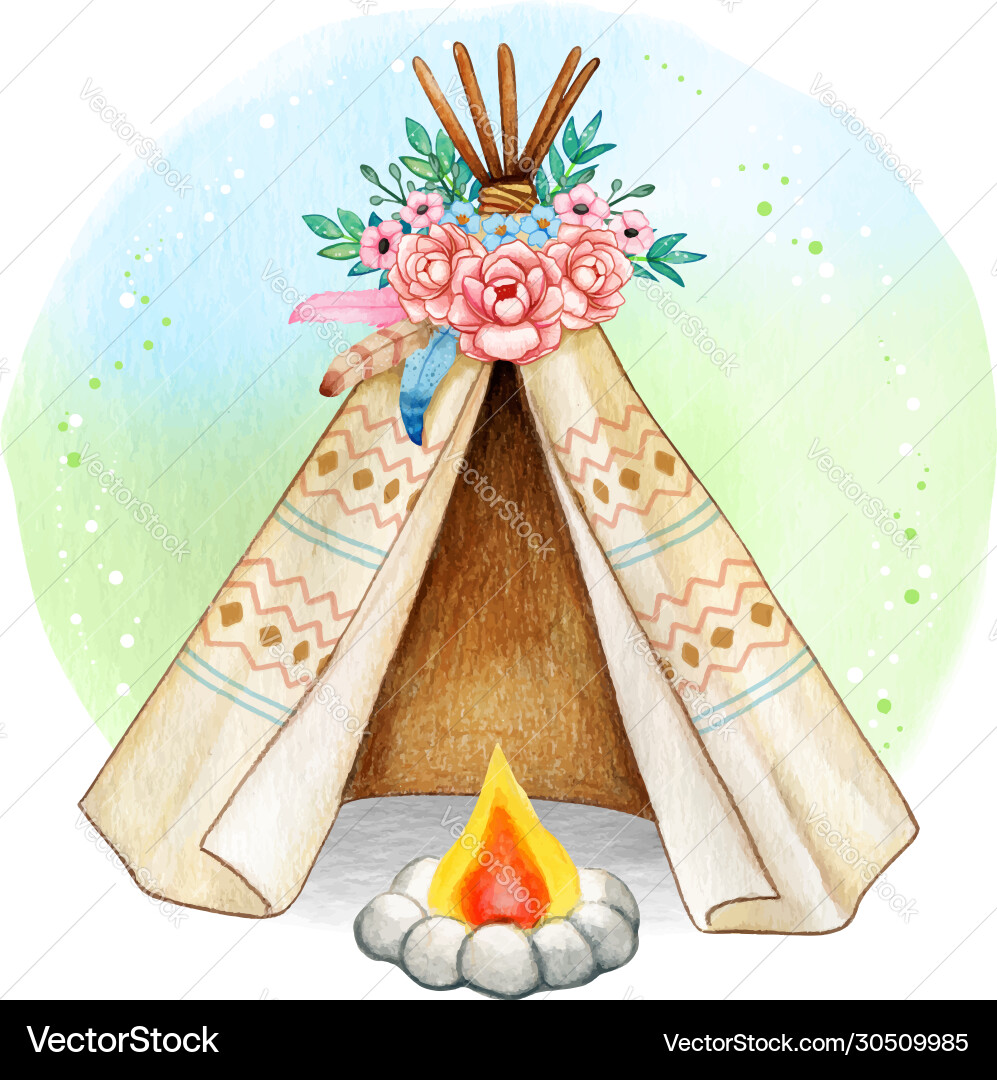 Watercolor boho spring tribal tent with camp fire Vector Image