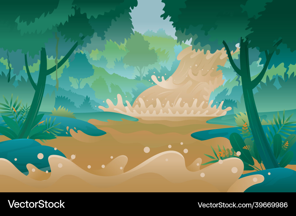 Flash flood flowing wild water forest background Vector Image