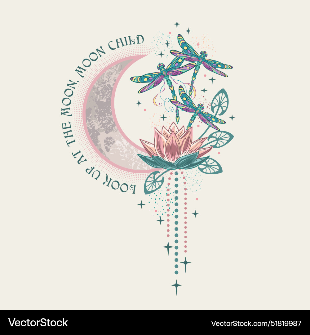 Celestial label with lotus dragonflies moon Vector Image