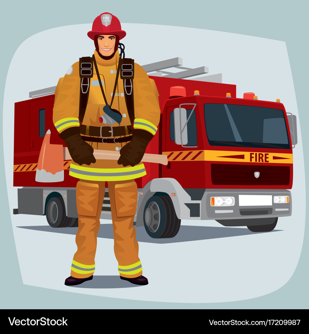 Firefighter or fireman with fire truck Royalty Free Vector