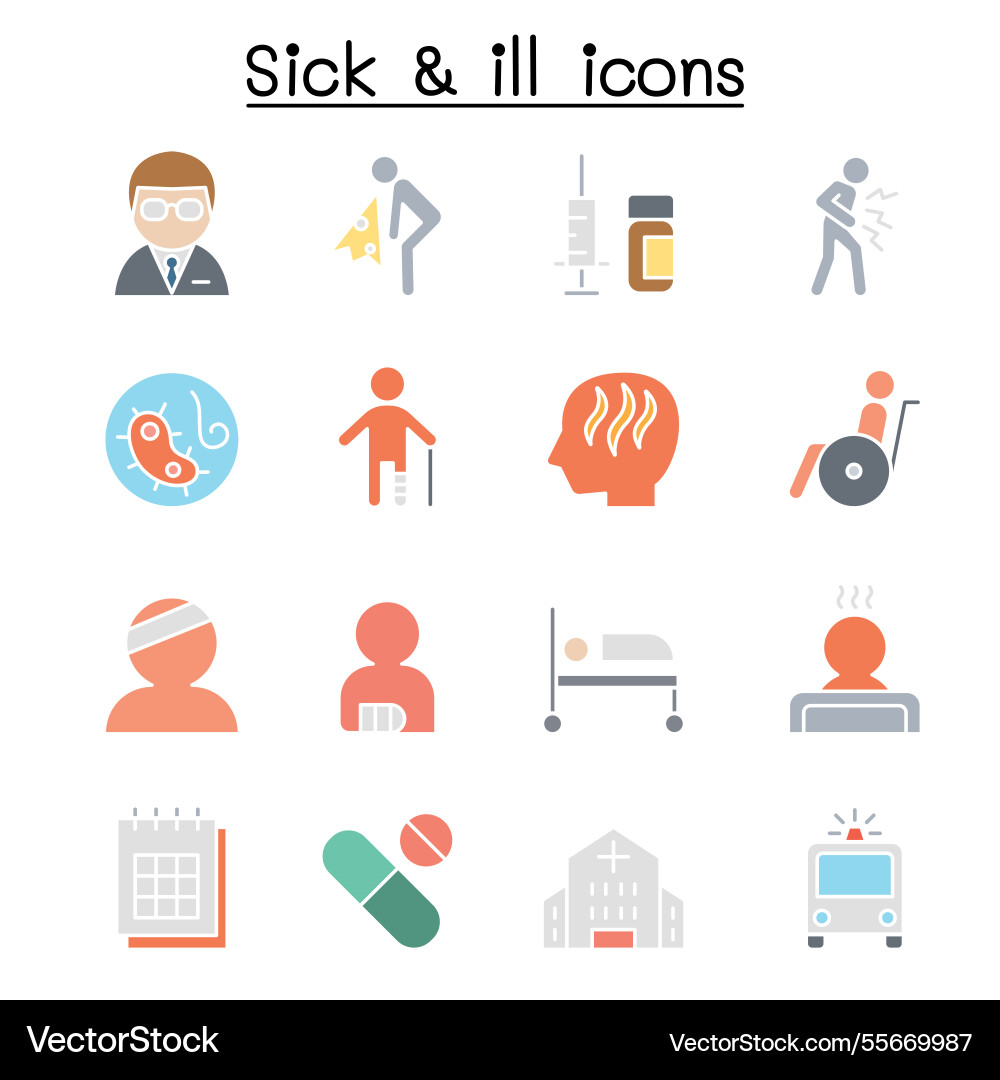 Sick and ill icon set in flat color style Vector Image