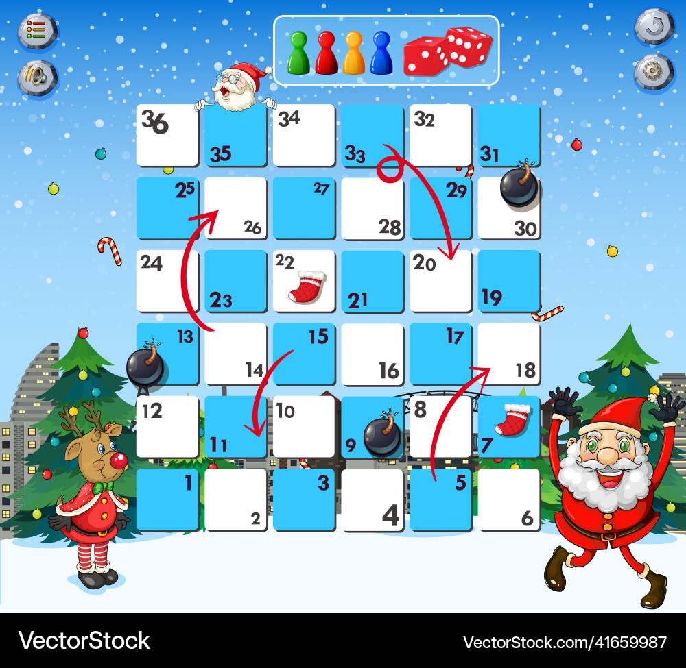 Snake and ladders game template in christmas theme