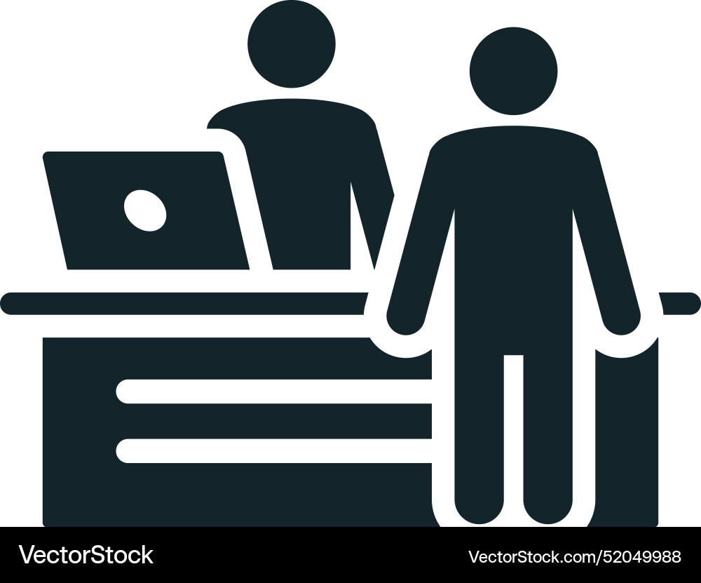 Businessman standing at reception desk talking Vector Image
