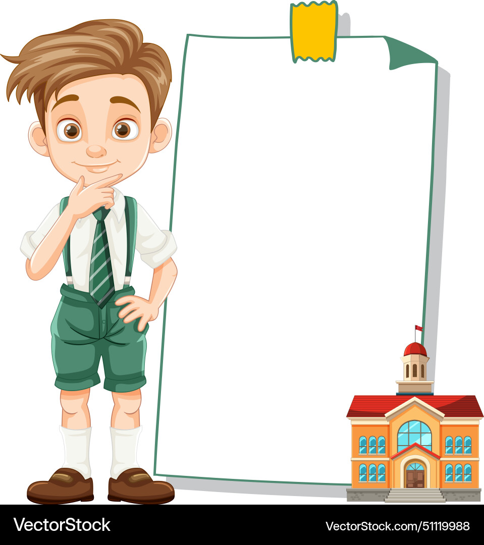 Cartoon boy thinking beside an empty banner Vector Image