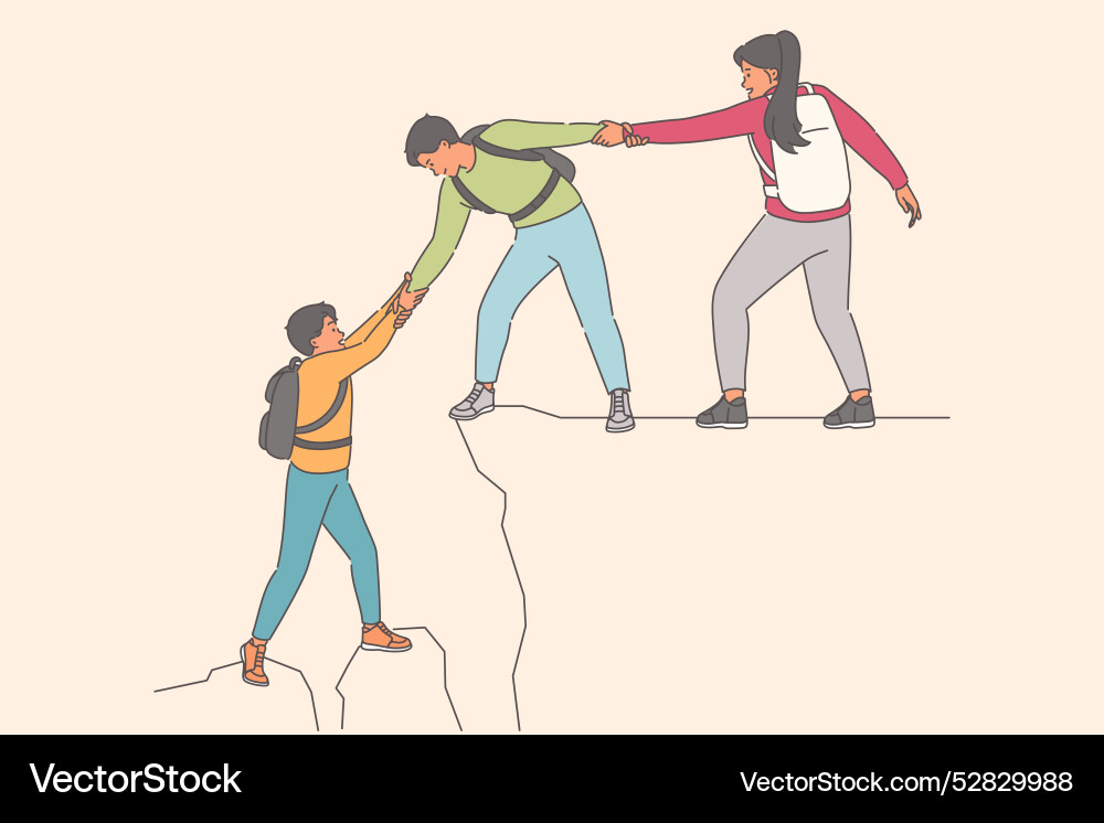 Friendly help from climbers for lagging friend Vector Image