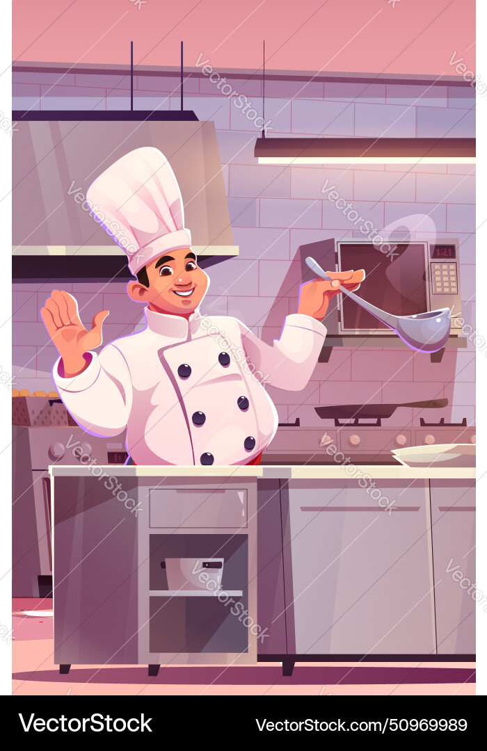 Chef on restaurant kitchen interior cook food Vector Image