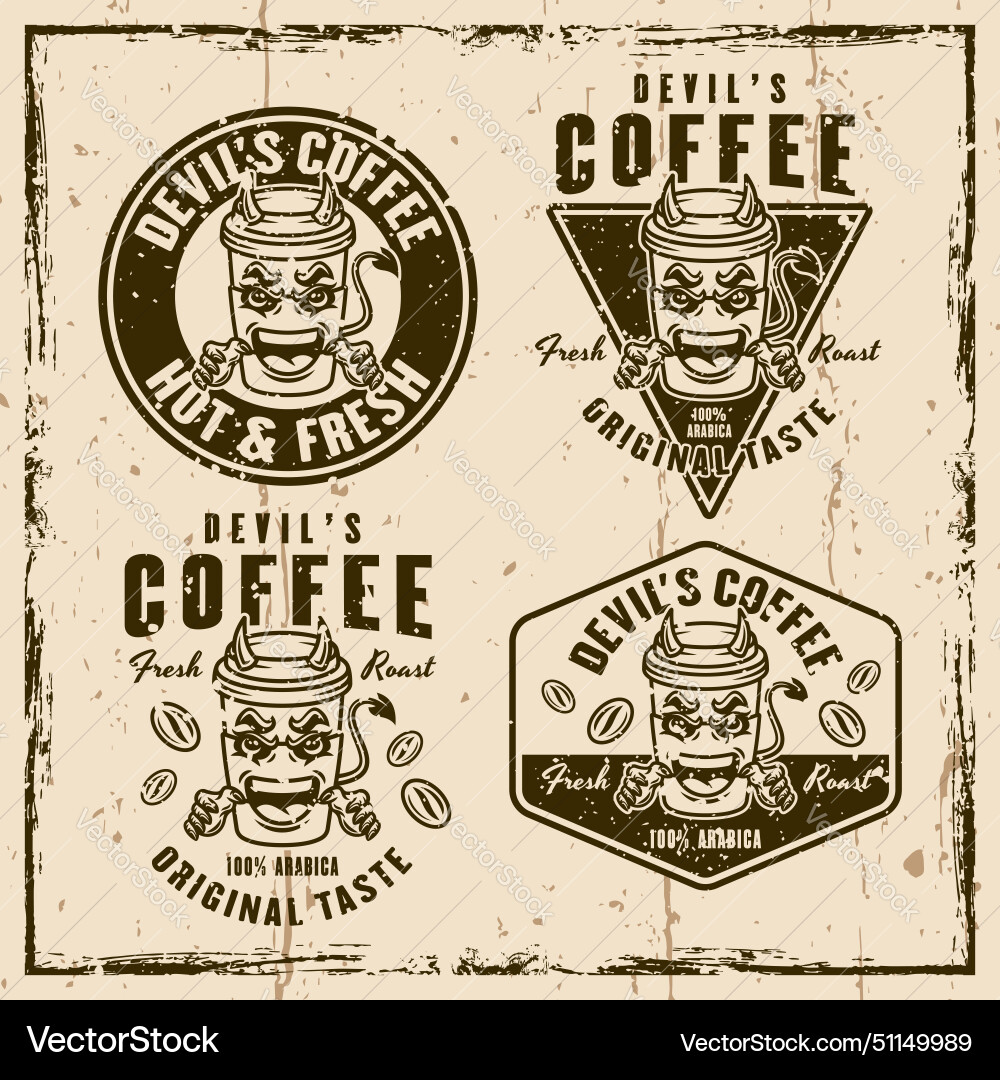 Devil coffee paper cup mascot set Royalty Free Vector Image
