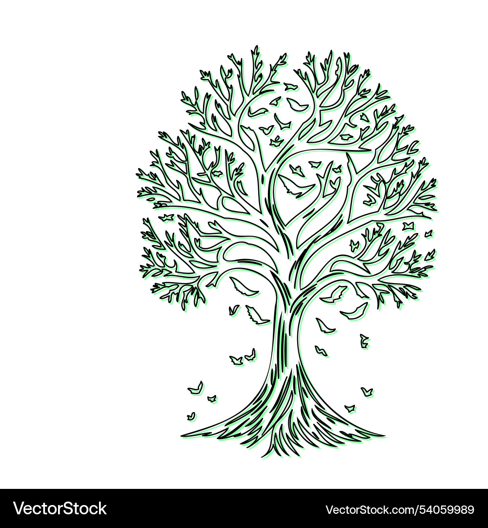 Haunted tree outline sketch green Royalty Free Vector Image
