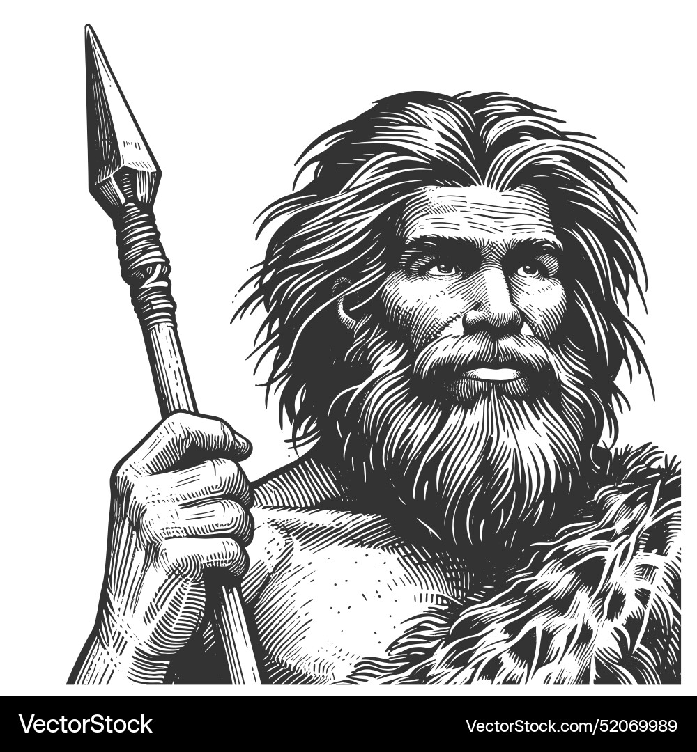 Prehistoric caveman with spear engraving Vector Image