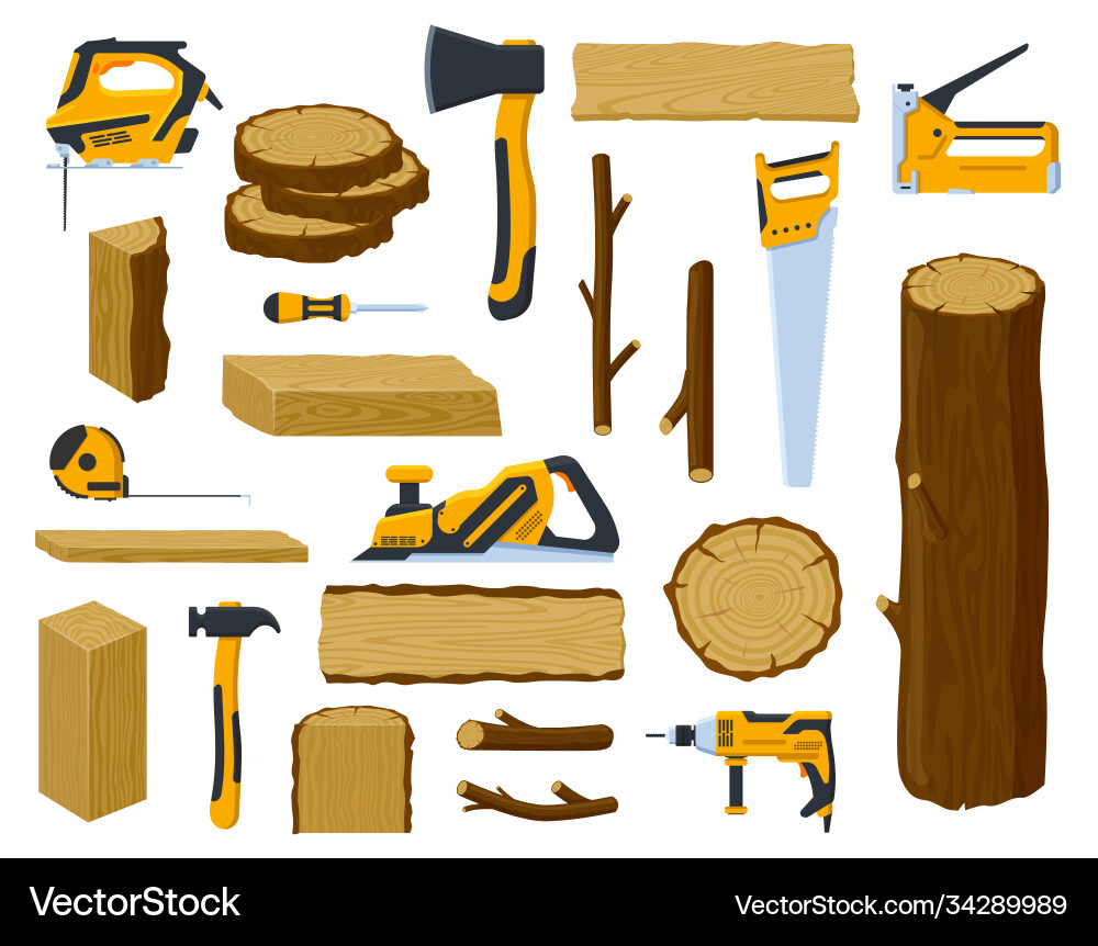 Woodwork tools lumber industry wood material tree Vector Image