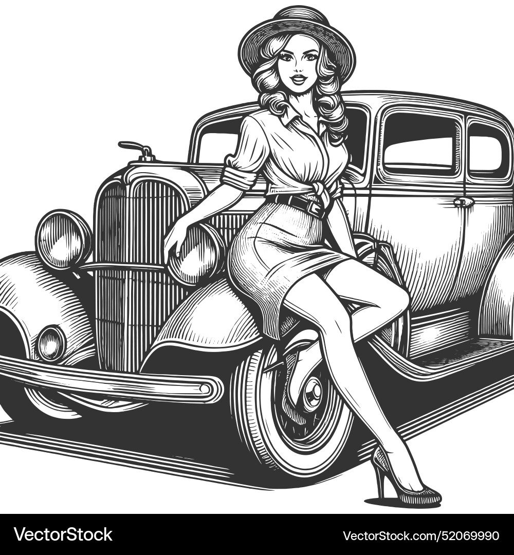 Pin-up girl with classic car Royalty Free Vector Image