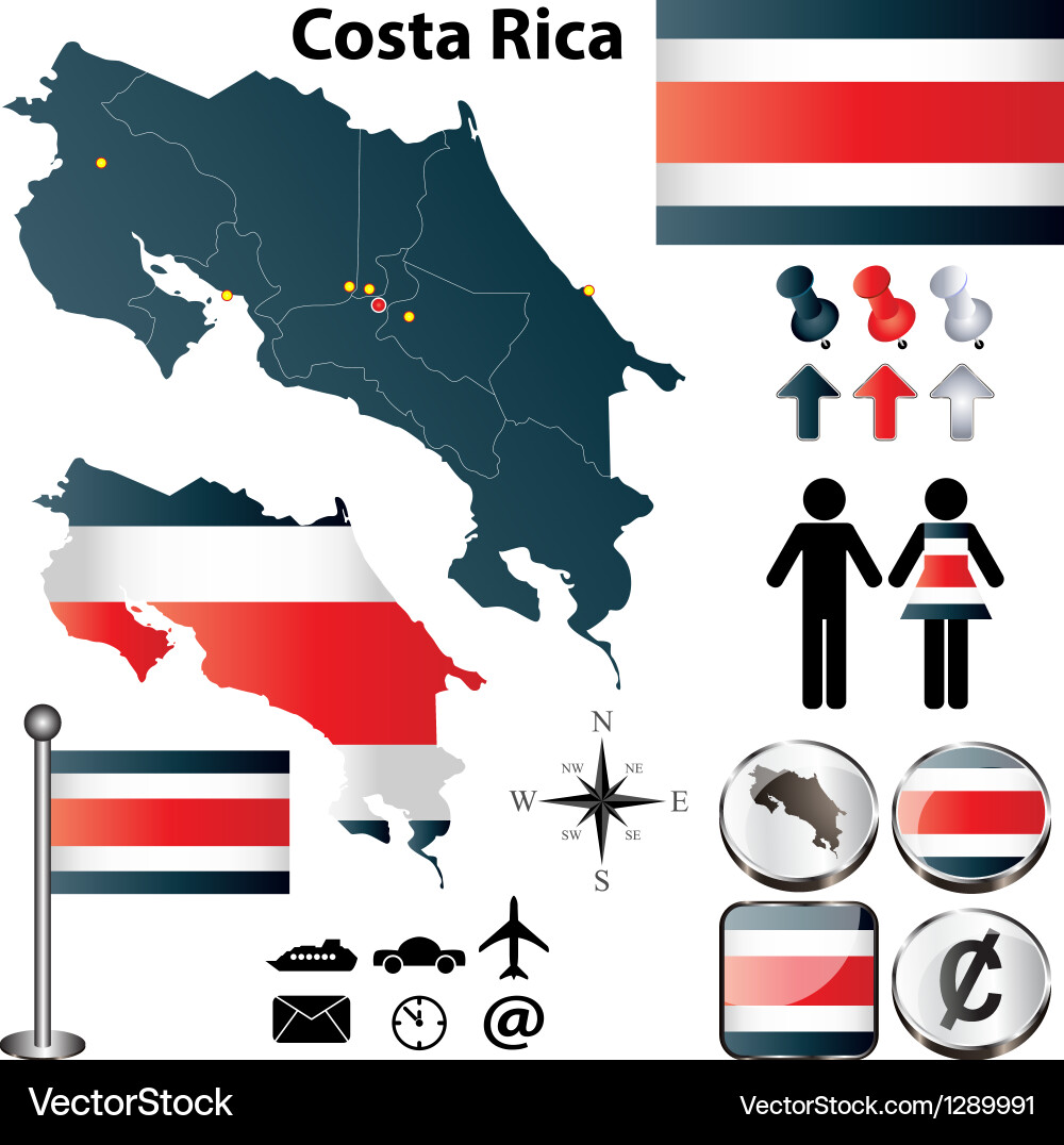 Costa Rica Map with Borders & Flags Royalty Free Vector