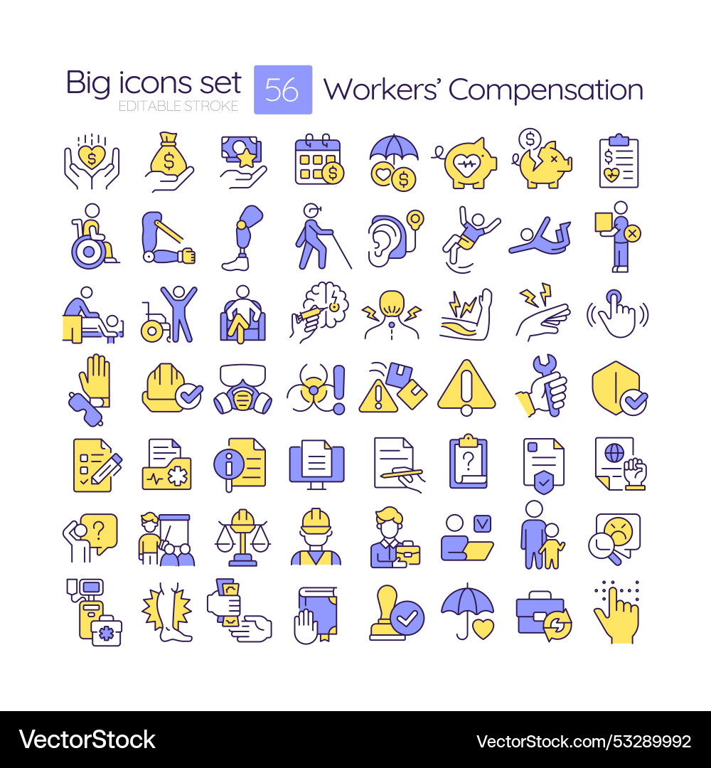 Workers compensation rgb color icons set Vector Image