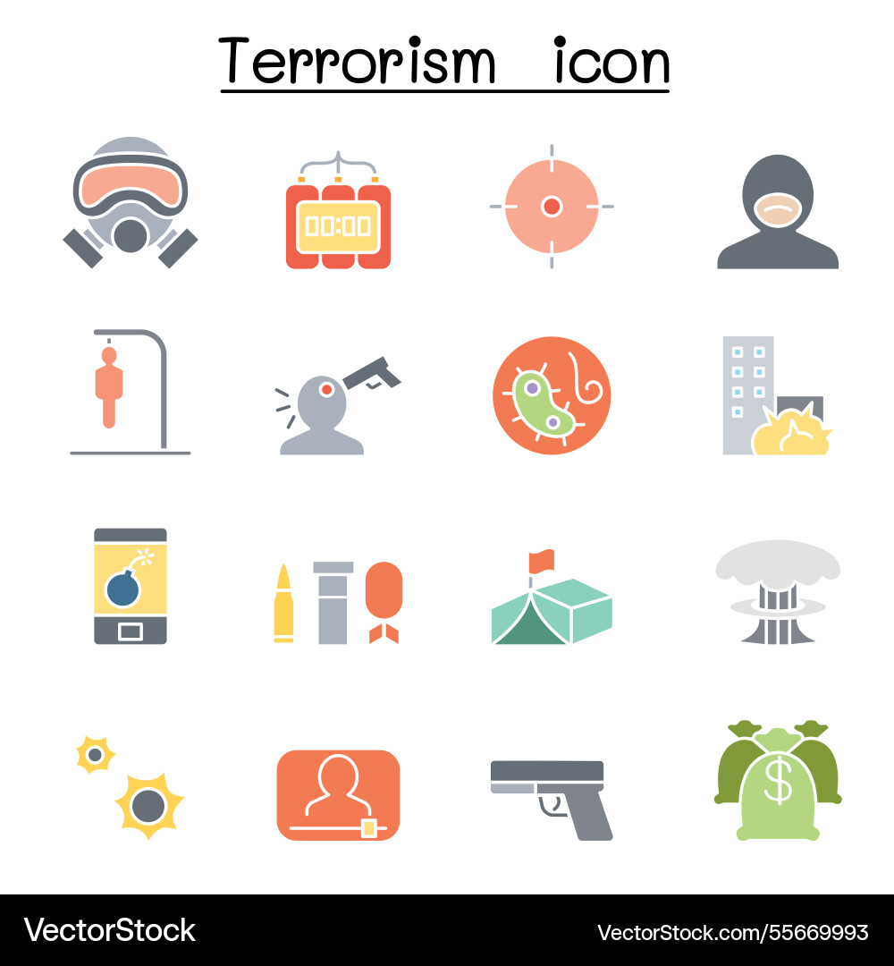 Terrorism icon set in flat color style Royalty Free Vector