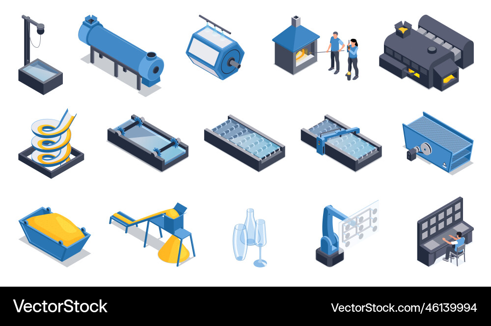 Glass production isometric color set Royalty Free Vector