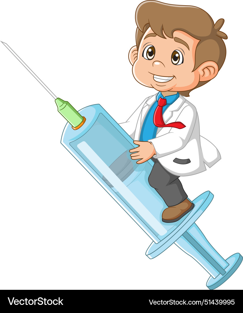 A young doctor holding big syringe Royalty Free Vector Image