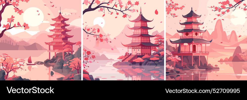 Asian landscape cartoon concepts tower Royalty Free Vector