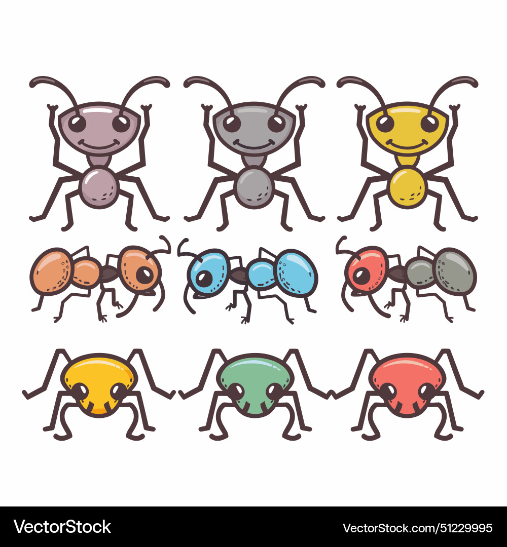 Colorful cartoon ants nine variations cute Vector Image