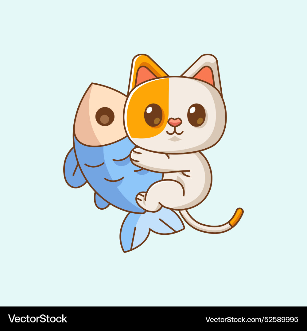 Cute cat hug fish hanging kawaii chibi character Vector Image
