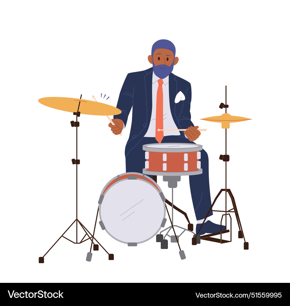 Jazz man cartoon character playing at drum kit Vector Image