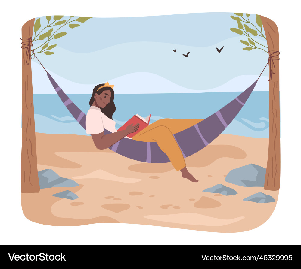 Woman lying in hammock reading book Royalty Free Vector