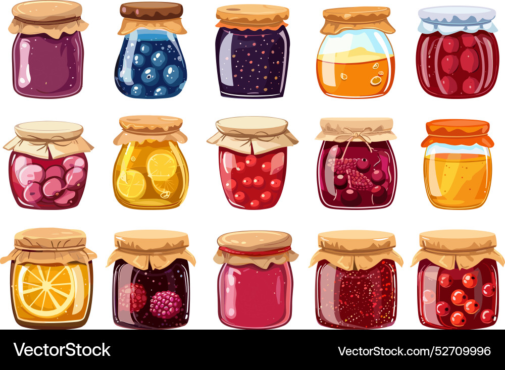 Assorted jam jars cartoon set glass apple Vector Image