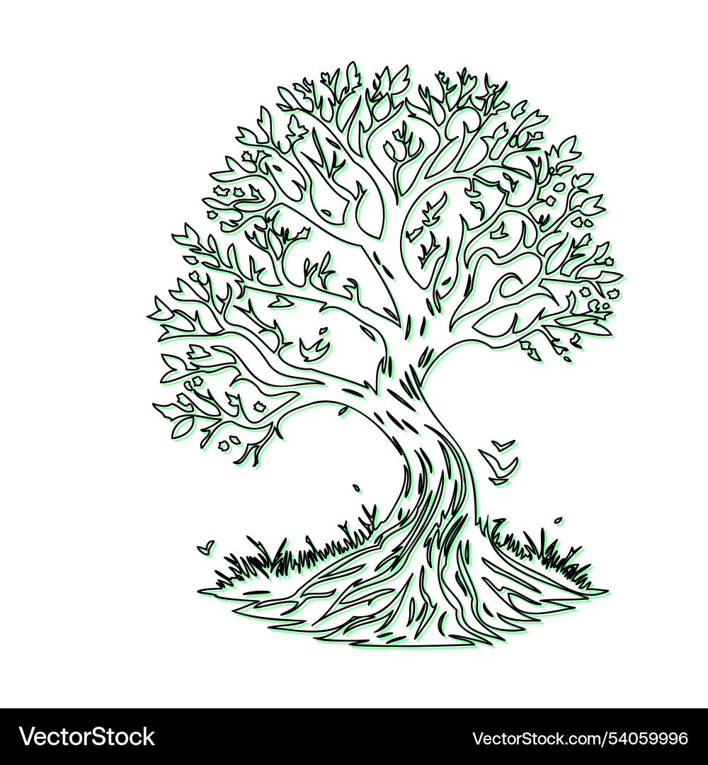 Haunted tree outline sketch green Royalty Free Vector Image