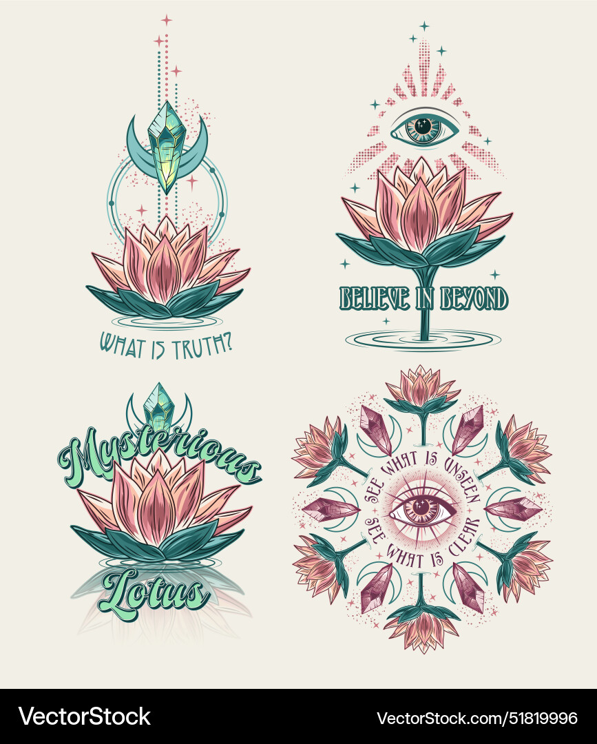 Mysterious labels with lotus crystals text Vector Image