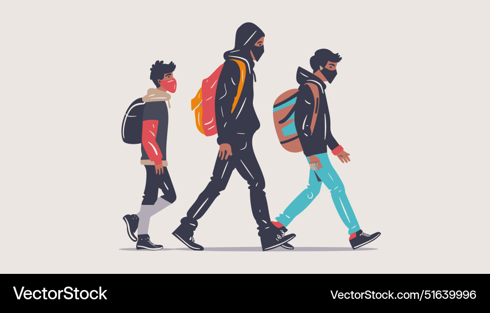 Three young males walking side modern casual Vector Image