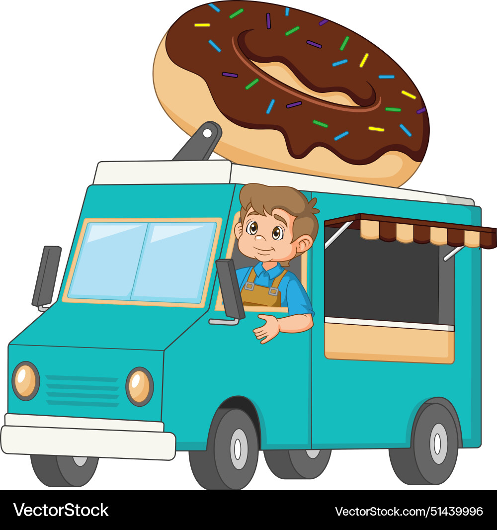 Young man driving donut truck Royalty Free Vector Image