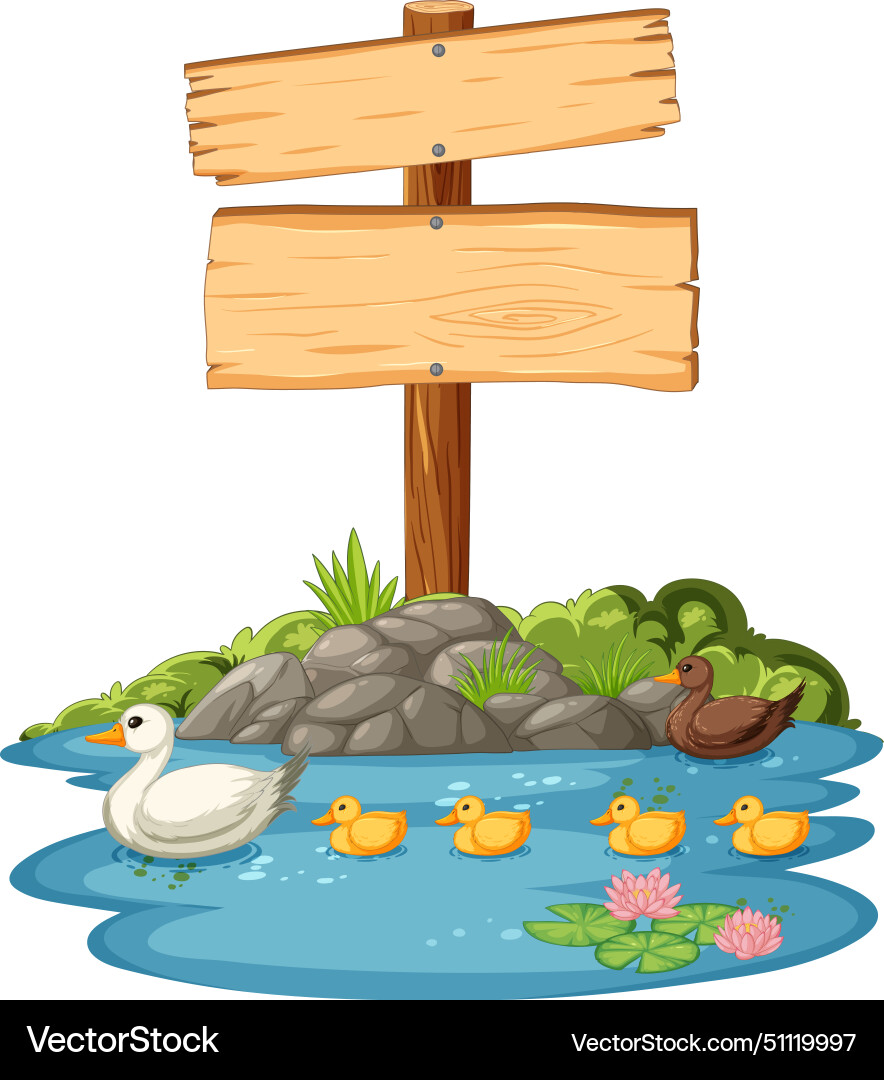 Ducks and signpost beside a tranquil pond Vector Image