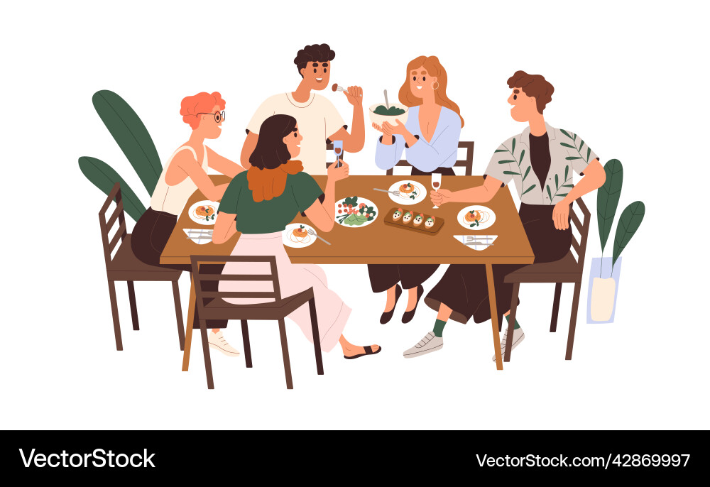 Friends gathering at dining table with wine Vector Image