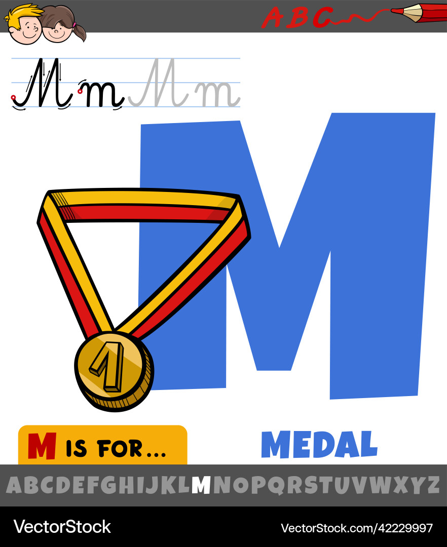 Letter m from alphabet with cartoon medal object Vector Image