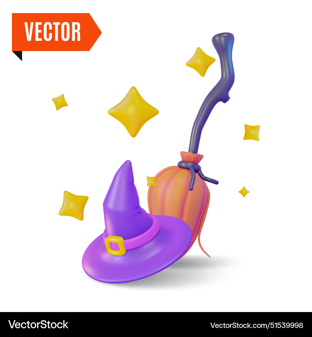 3d witch hat and broom halloween concept cartoon Vector Image